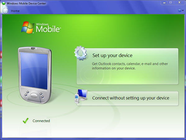 Connecting to Windows Mobile Device Center